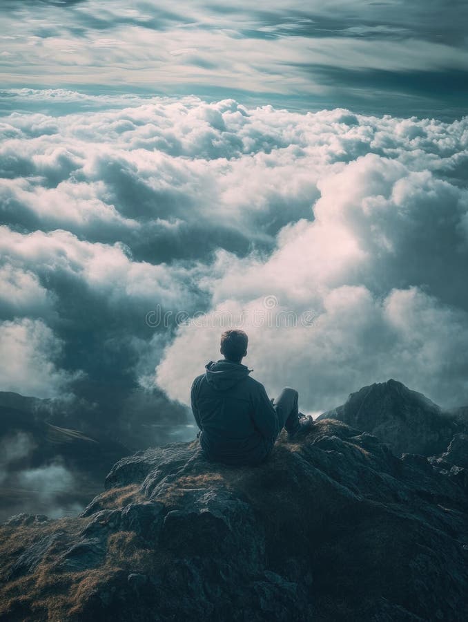 Man on Mountain Top Looking at Clouds Stock Image - Image of scenery ...