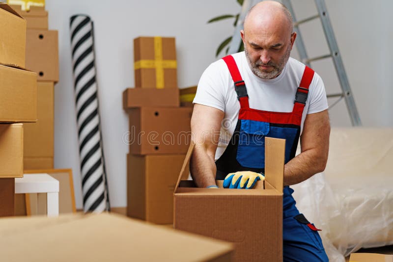 Man Mover in Uniform Packing Boxes for Relocation Stock Image - Image ...