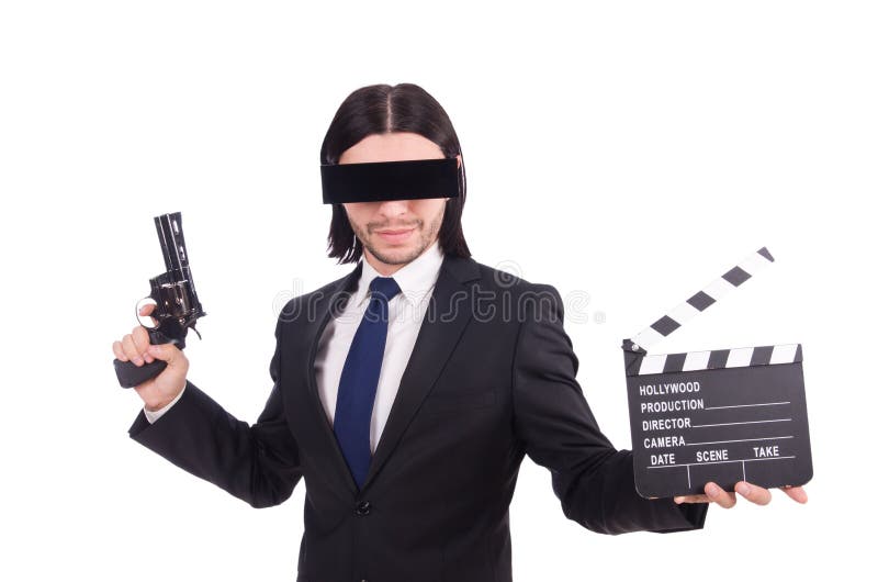 The Man with Movie Board on White Stock Photo - Image of face, guard ...