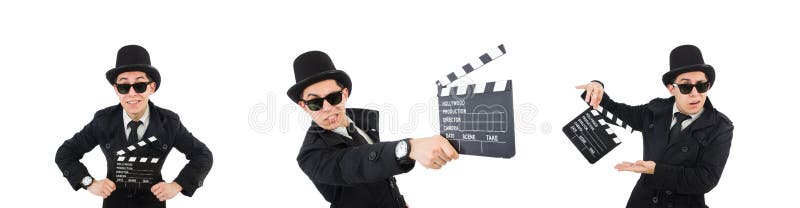 Man with Movie Clapper Isolated on White Stock Image - Image of glasses ...