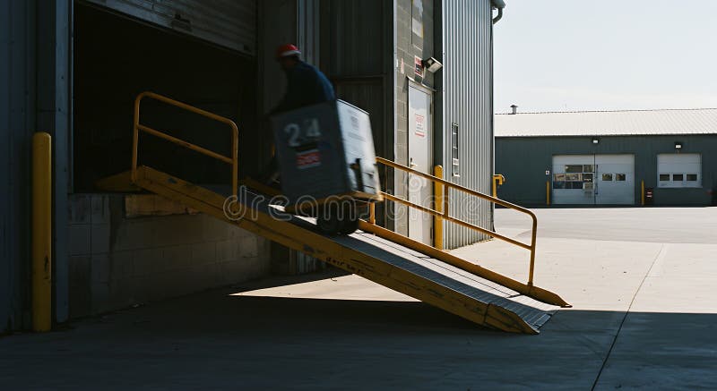 Man Moving Box Down Ramp at Industrial Warehouse Loading Dock Stock ...