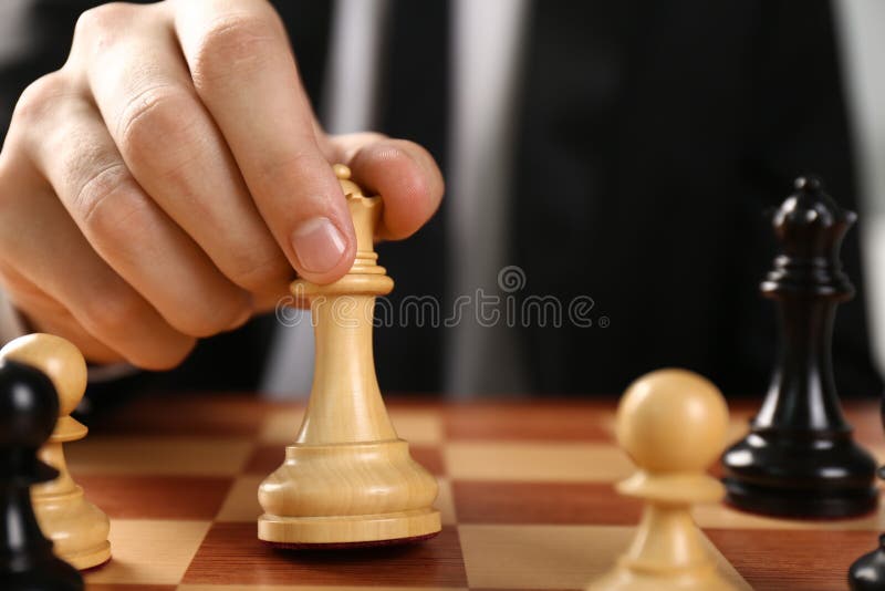 Man Moving Chess Piece on Board, Closeup Stock Image - Image of male ...