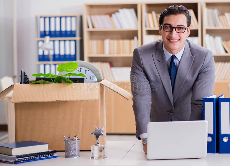 Man Moving Office with Box and His Belongings Stock Image - Image of ...