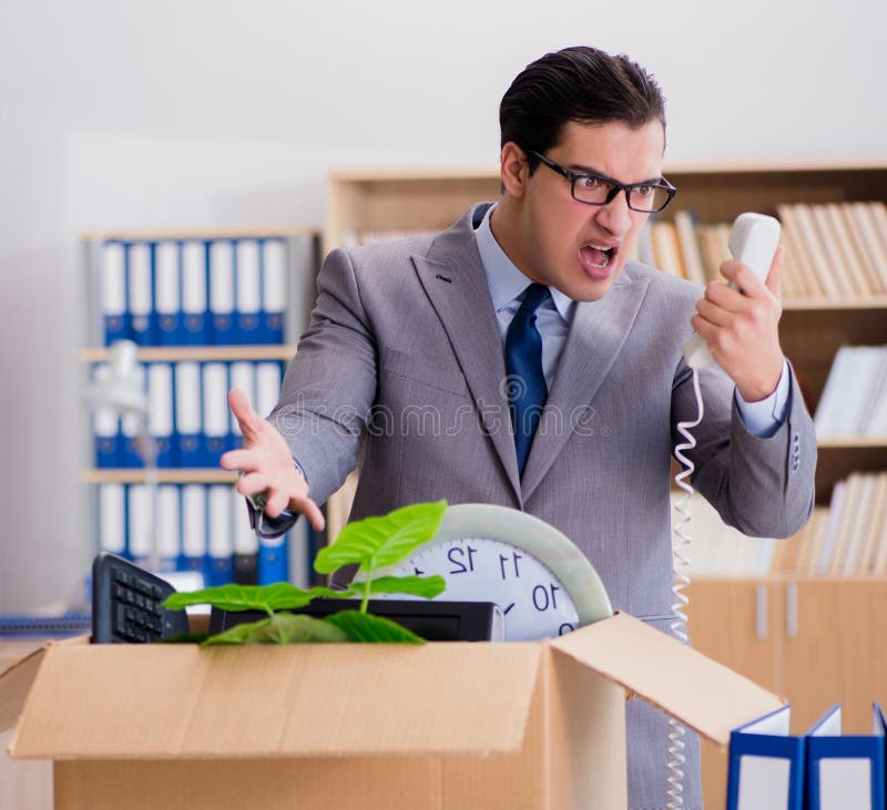 Man Moving Office with Box and His Belongings Stock Photo - Image of ...