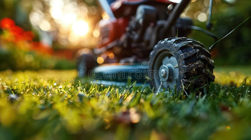 Man mowing the lawn stock illustration. Illustration of field - 335385396