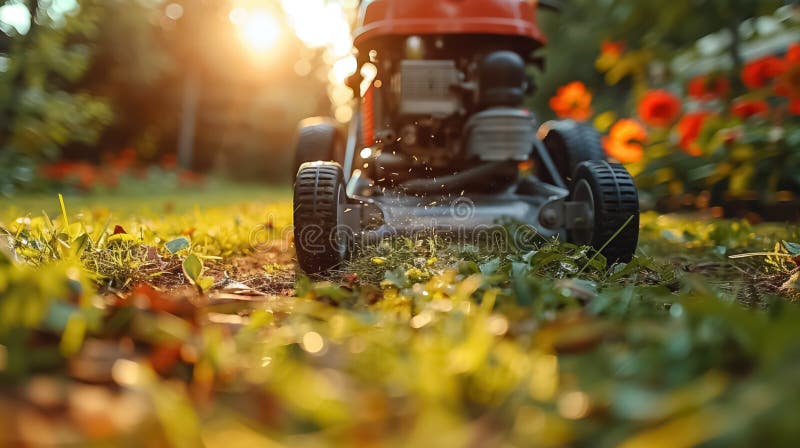 Man mowing the lawn stock illustration. Illustration of field - 335435784