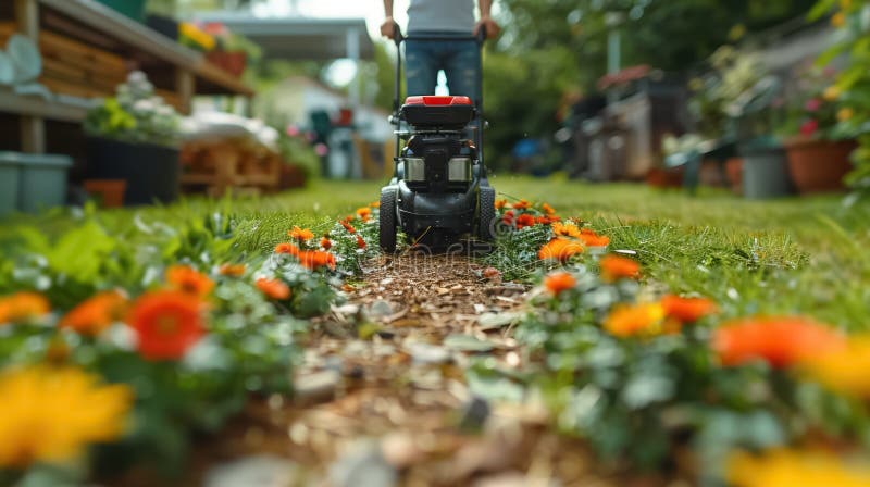 Man mowing the lawn stock illustration. Illustration of modern - 352462008