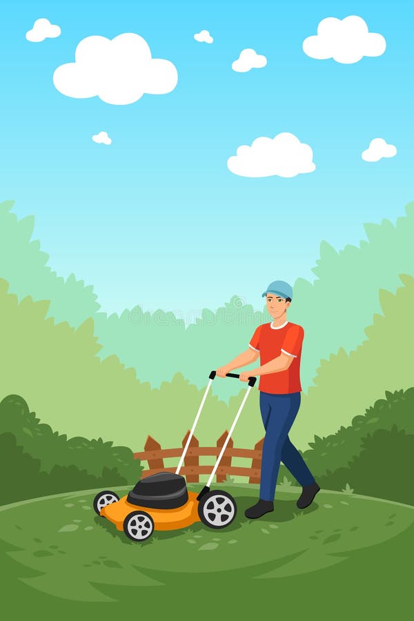 Man Mowing the Lawn and Gardening Yard Work Vector Illustration Stock ...