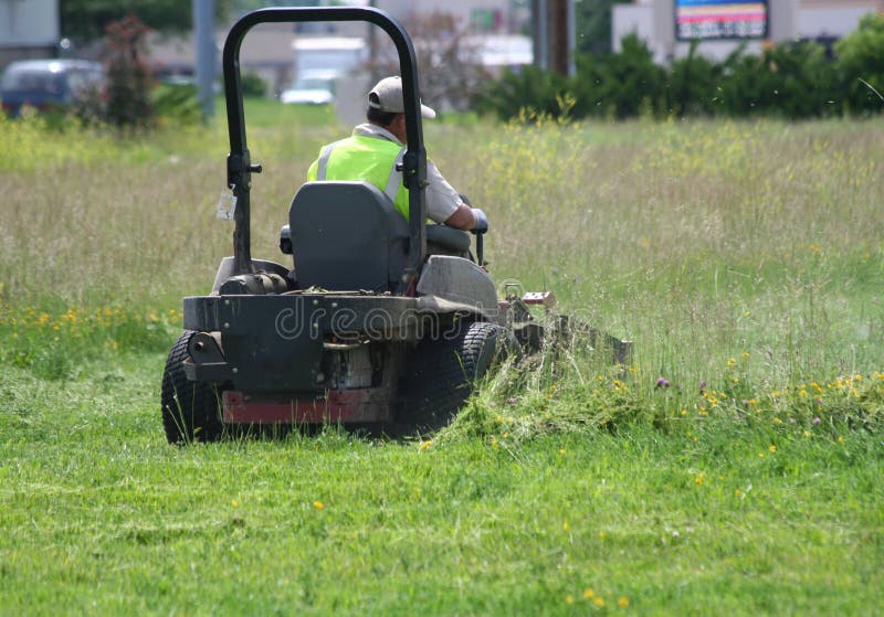 Man Mowing Lawn with a Ride on Lawn Mower Stock Image - Image of ...