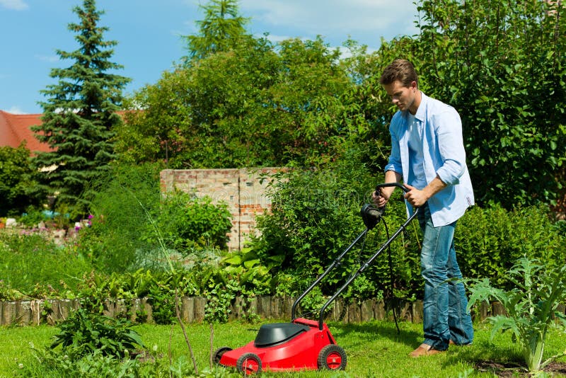 Man is Mowing the Lawn in Summer Stock Photo - Image of mower, hobby ...