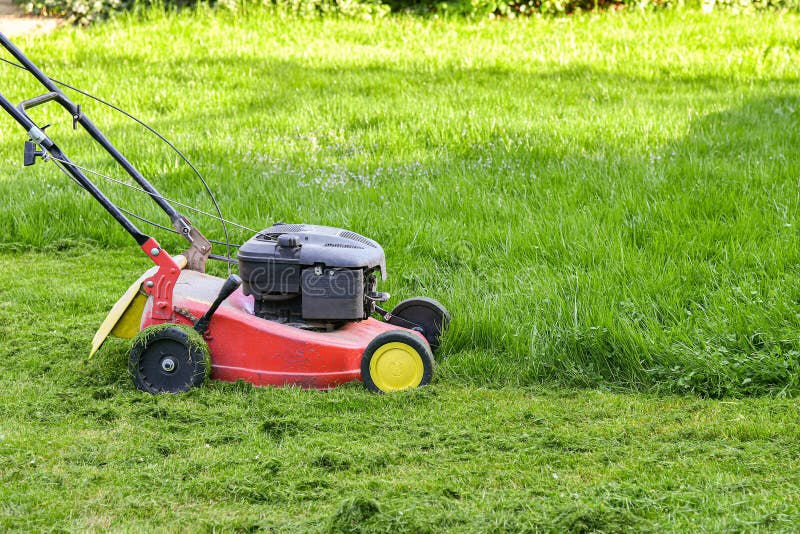 A Man Mows Lawn Grass with a Lawn Mower at Home Stock Photo - Image of ...