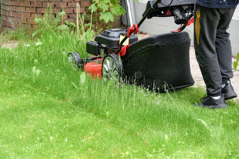 A Man Mows Lawn Grass with a Lawn Mower at Home Stock Photo - Image of ...
