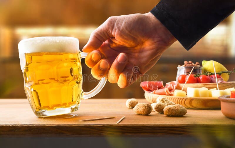 Man with Mug of Beer in Hand on Wooden Bench Stock Photo - Image of ...