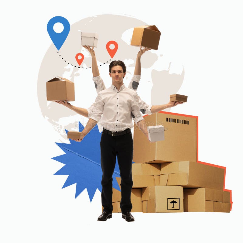 Man with Multiple Hands Holding Boxes with Global Map and Location Pins ...