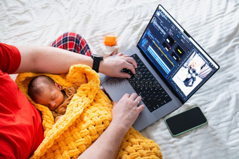 Man Multitasking with Laptop and Baby on Bed Stock Image - Image of ...