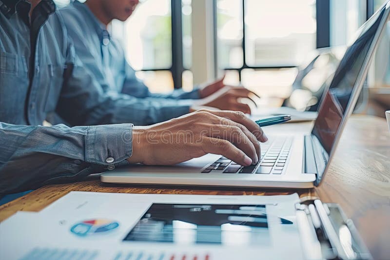 A Man is Multitasking, Typing on a Laptop and Holding a Pen at the Same ...