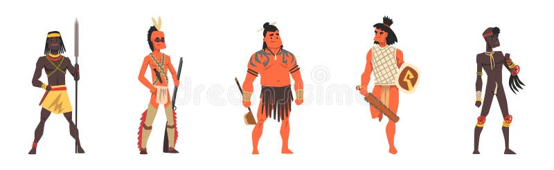 Man Native and Aboriginal Warrior with Weapon Vector Set Stock ...