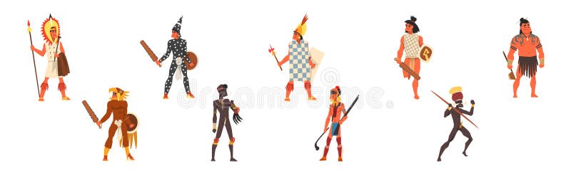 Man Native and Aboriginal Warrior with Weapon Vector Set Stock ...