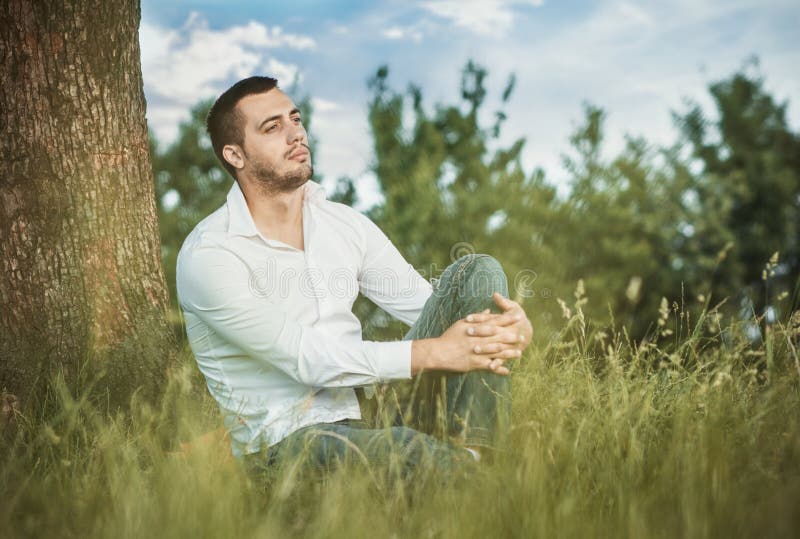 Man in nature stock image. Image of wood, beauty, shirt - 56361095
