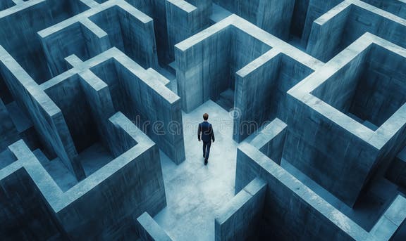 Man Navigating through a Complex Concrete Maze Symbolizing Challenges ...