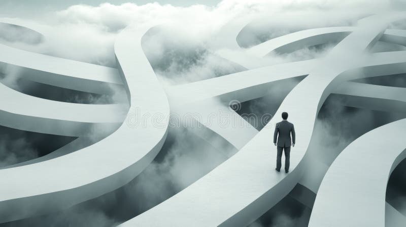 Man Navigating a Complex Maze of Pathways Above the Clouds, AI Stock ...