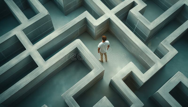 Man Navigating in a Concrete Maze with Sunlight. Stock Photo - Image of ...