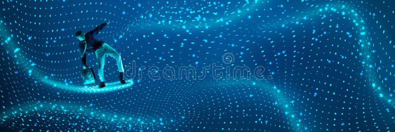 Man Navigating Electrified Blue Grid, Analyzing Data, Showcasing ...