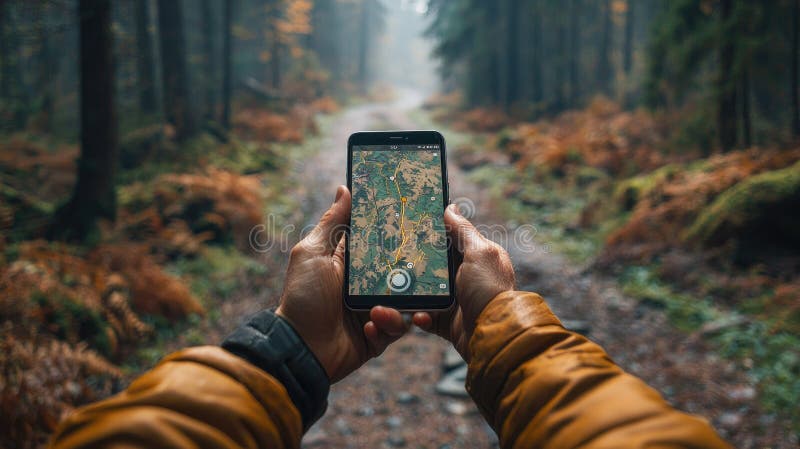 Man Navigating Forest Trail with Smartphone Gps Map in Autumn Stock ...