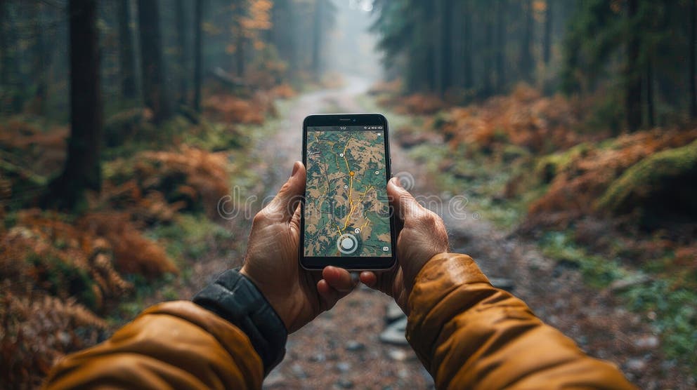 Man Navigating Forest Trail with Smartphone Gps Map in Autumn Stock ...
