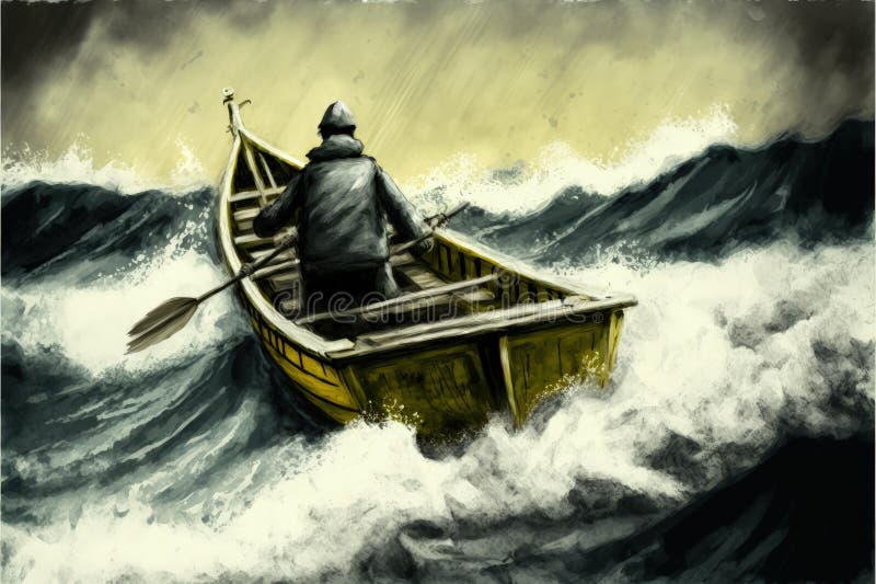 A Man Navigating a Magical Vessel Amidst Turbulent Ocean Waves with ...