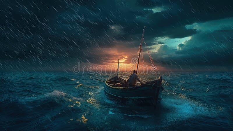 A Man Navigating a Magical Vessel Amidst Turbulent Ocean Waves with ... A Man Navigating a Magical Vessel Amidst Turbulent Ocean Waves with ...