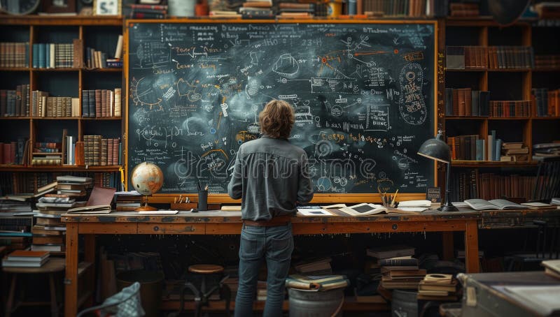 Man Near Shelf at Library, Standing in Front of Blackboard Stock Image ...
