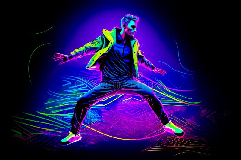 Man in Neon Colored Jacket is Dancing on Neon Colored Background ...