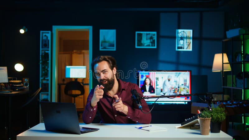 Man Neon Lit Home Studio Using Equipment Vlog Shooting Stock Photos ...