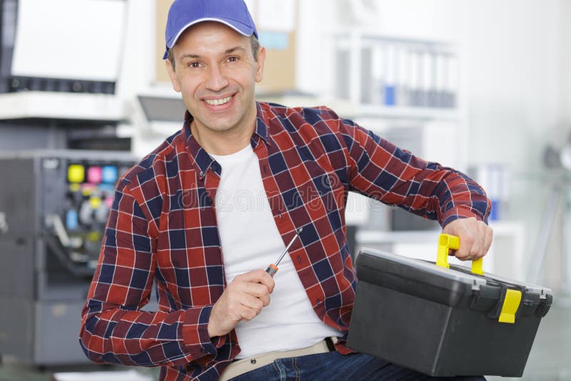 Man Next To Printer Holds Toolbox Stock Photo - Image of tool, toolkit ...