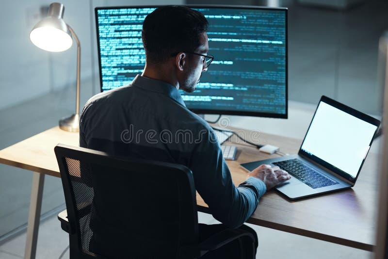 Man, Night and Coding in Office, Computer or Blank Screen for Mockup ...