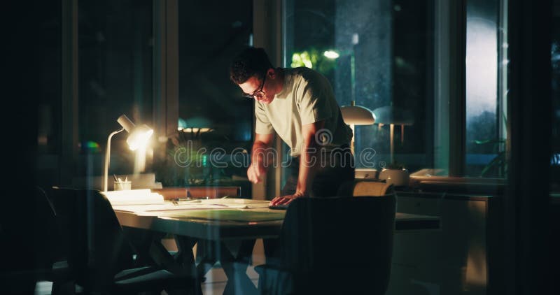 Man, Night and Thinking with Blueprint in Office, Ideas and Vision for Infrastructure Build ...