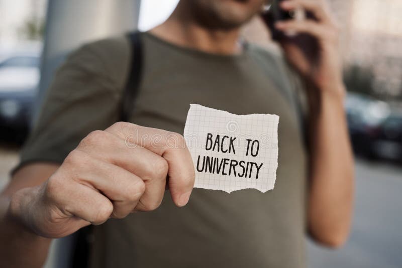 Student Guy and Text Back To University in a Note Stock Photo - Image ...