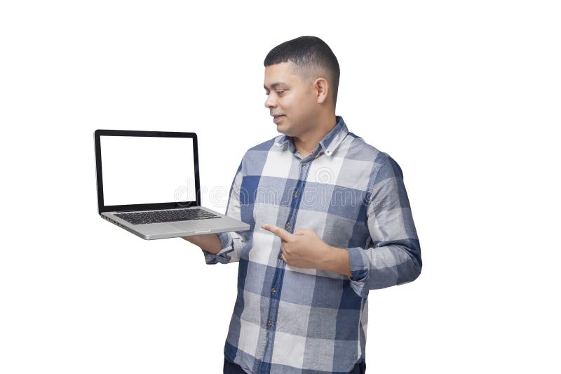Man with Notebook in Hands Pointing and Interacting with the Screen ...