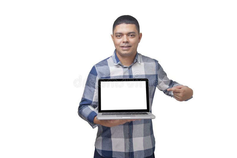 Man with Notebook in Hands Pointing and Interacting with the Screen ...