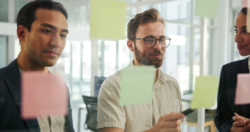 Man, Notes and Happy by Glass with Group, Planning or Mind Map for ...