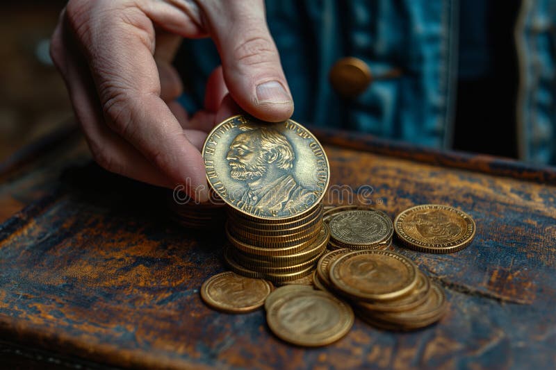 A Man Numismatist Put Old Gold Coins on the Table. Stock Illustration ...