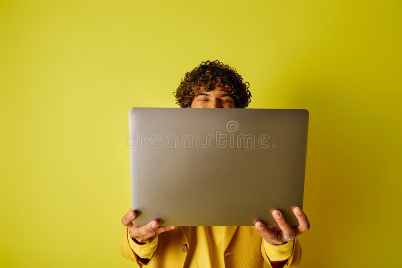 Man Obscuring Face with Laptop Screen. Stock Photo - Image of style ...