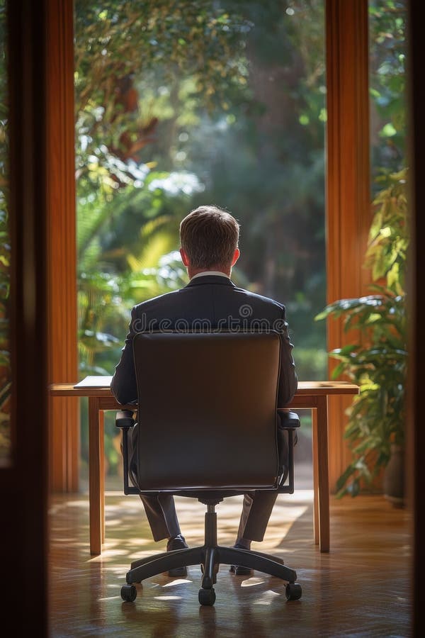 A Man, Observed from the Back, Working on a Computer in an Office Stock ...