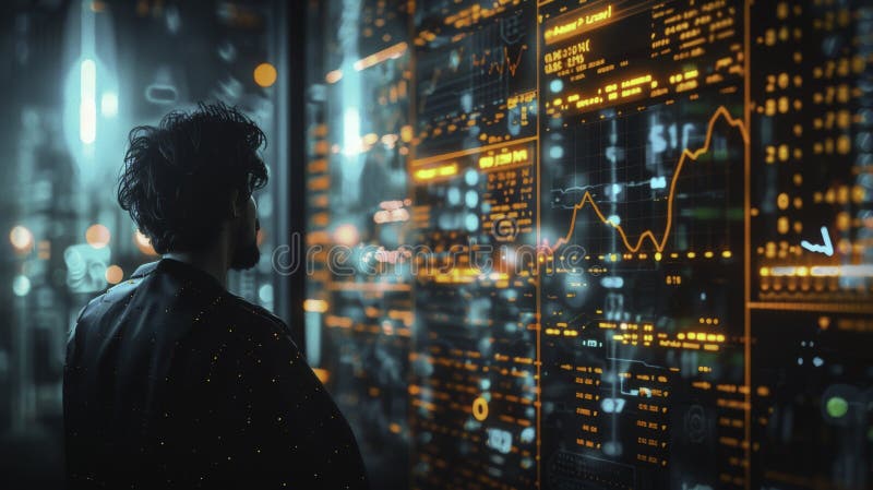 A Man Observes Data Analysis on a Futuristic Screen Surrounded by ...