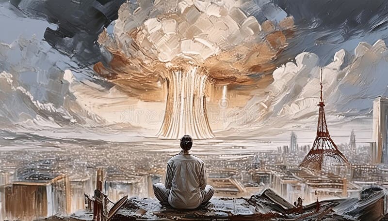 A Man Observes a Nuclear Explosion Amidst Mountains, Dark Clouds Loom ...