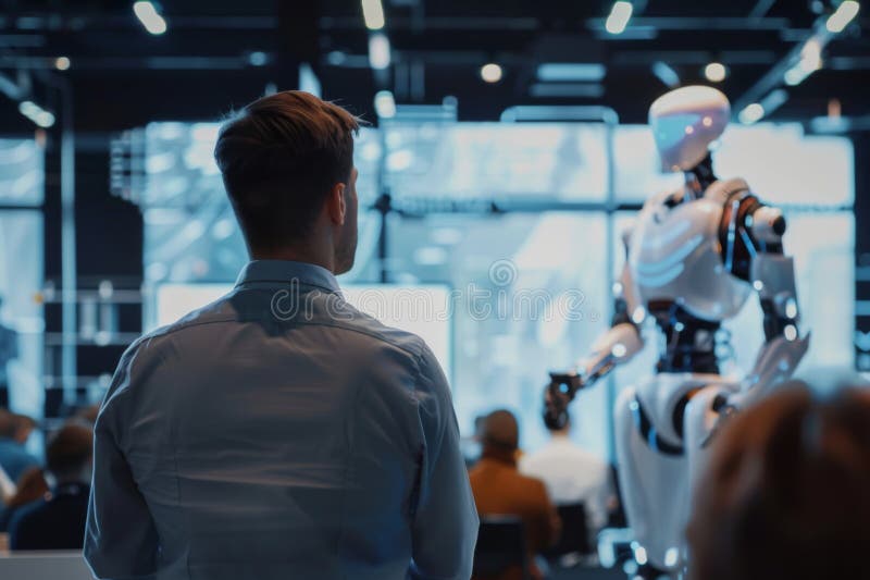 Man Observing an Advanced Humanoid Robot at a Tech Conference Stock ...