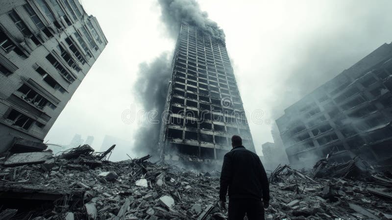Man Observing a Burning Skyscraper in a Devastated City, Showcasing the ...