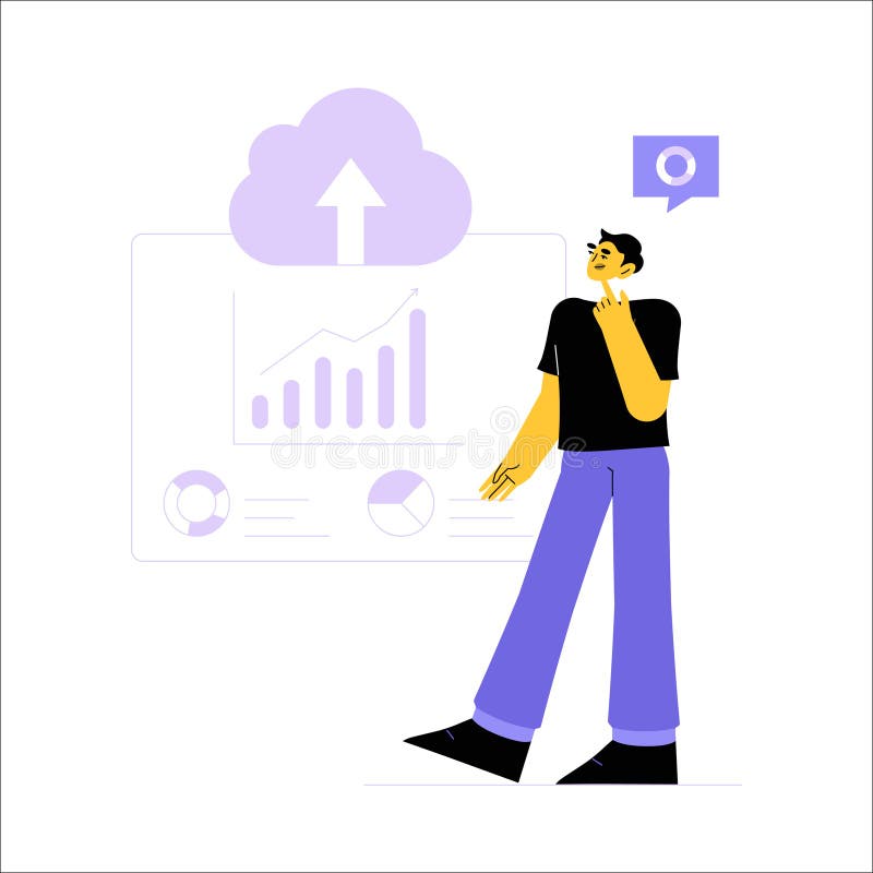Man Observing Cloud Analytics Dashboard in Flat Vector Illustration ...