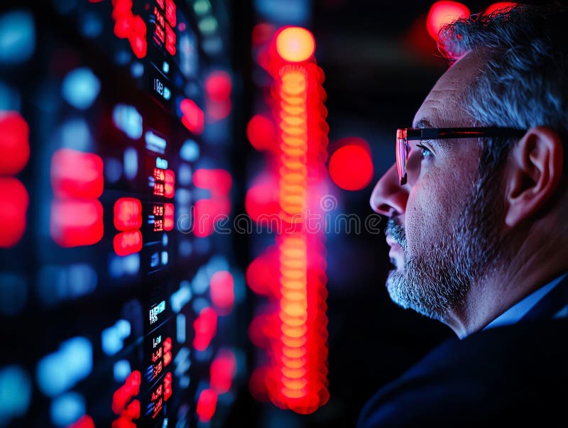 Man Observing Data on a Digital Screen with Bright Red and Blue Lights ...